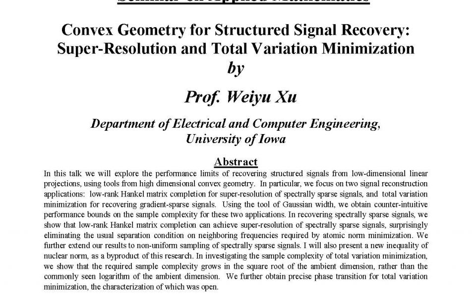 Seminar on Applied Mathematics - Convex Geometry for Structured Signal ...