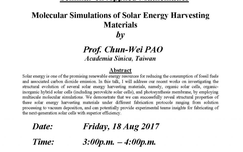 Seminar on Applied Mathematics - Molecular Simulations of Solar Energy ...
