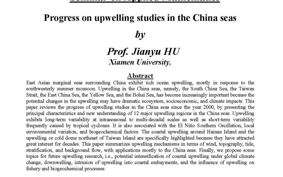 Seminar on Applied Mathematics - Progress on upwelling studies in the ...