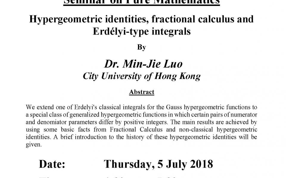 Math Department Seminar on Pure Mathematics - Hypergeometric identities ...