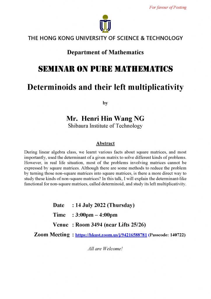Department of Mathematics - Seminar on Pure Mathematics - Determinoids ...