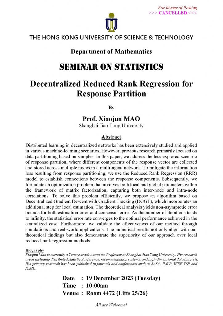 Department of Mathematics - Seminar on Statistics - Decentralized ...