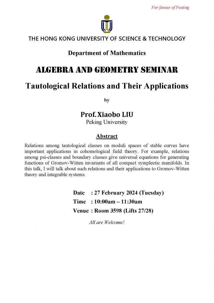 Department of Mathematics - Algebra and Geometry Seminar - Tautological ...
