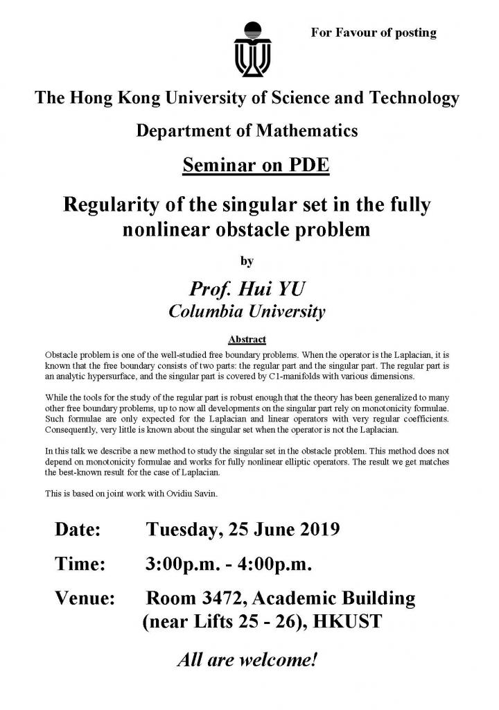 Seminar on PDE - Regularity of the singular set in the fully nonlinear obstacle problem ...