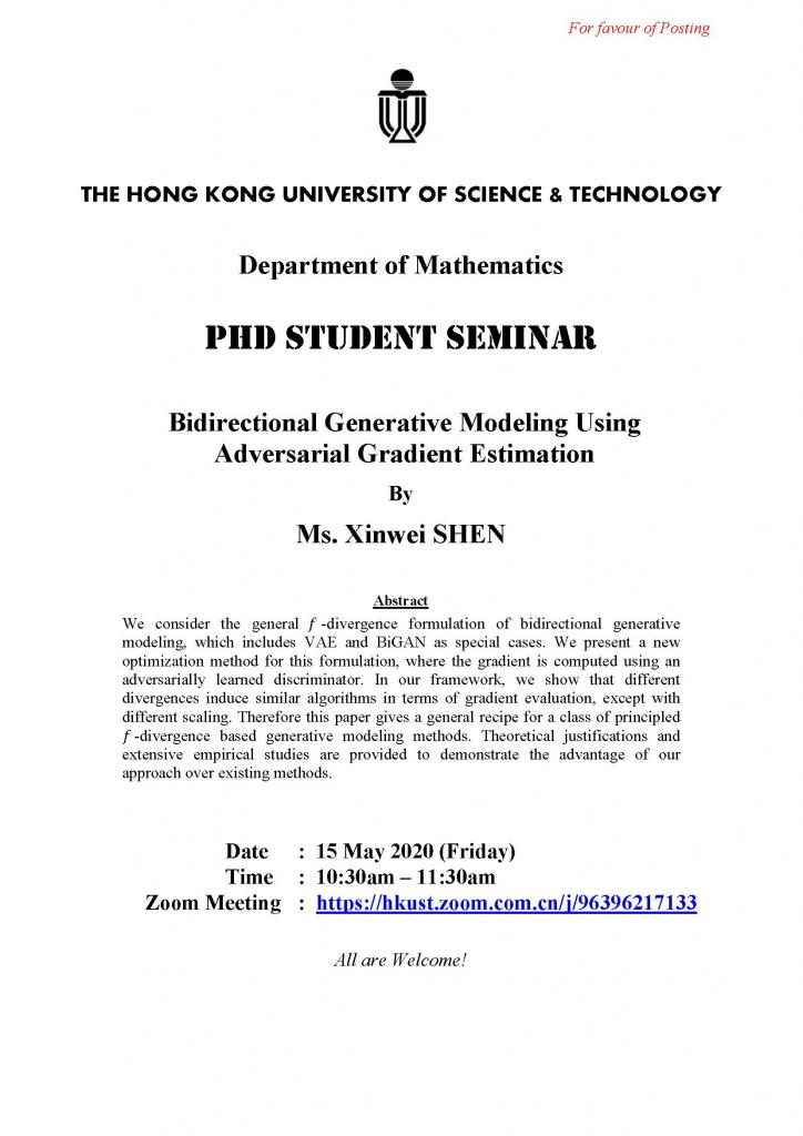 MATH_PhD Student Seminar - Bidirectional Generative Modeling Using Adversarial Gradient ...